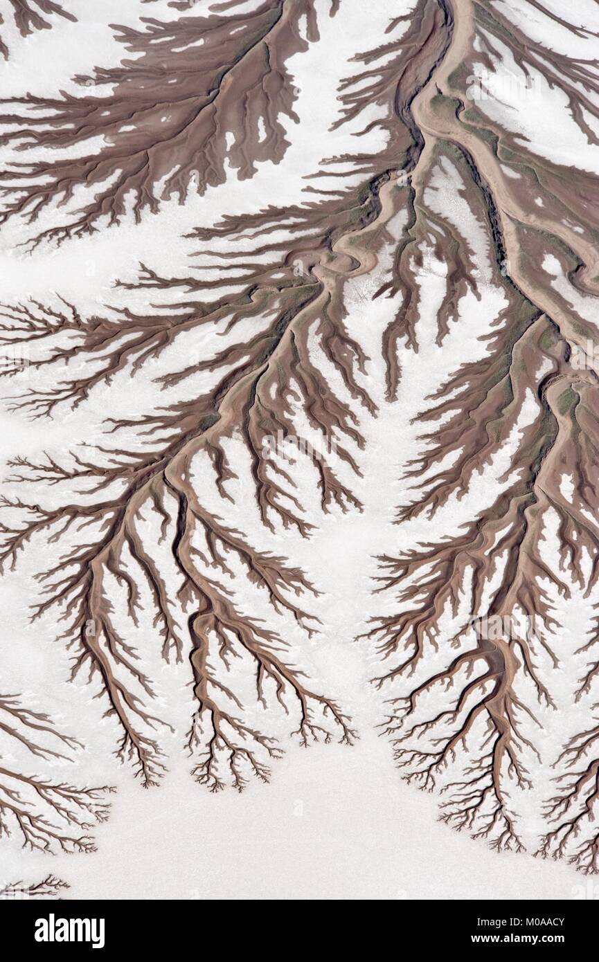 Aerial view of erosion patterns on the salt flats of the Colorado river ...