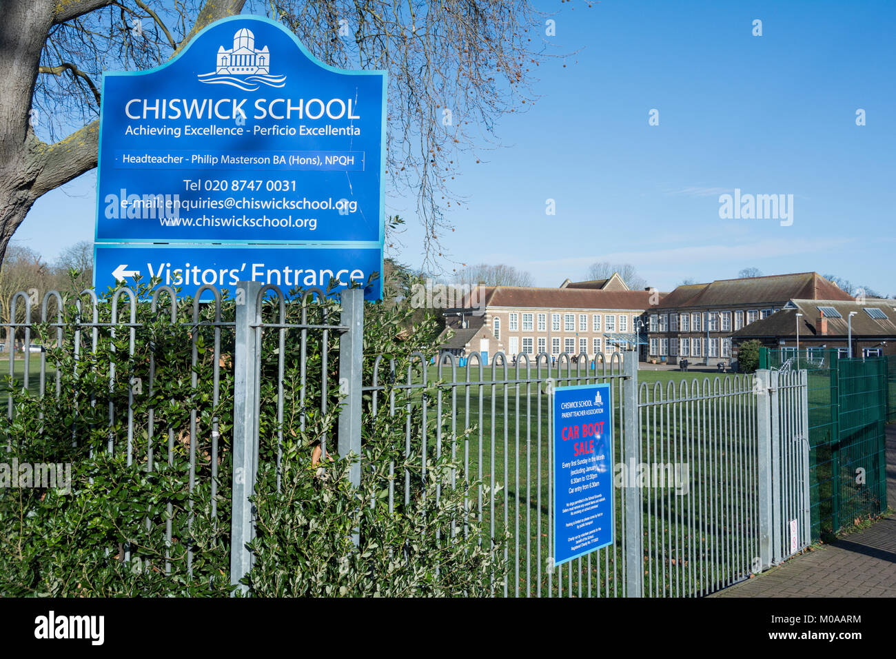 School signage outside Chiswick School, Burlington Lane, Chiswick ...
