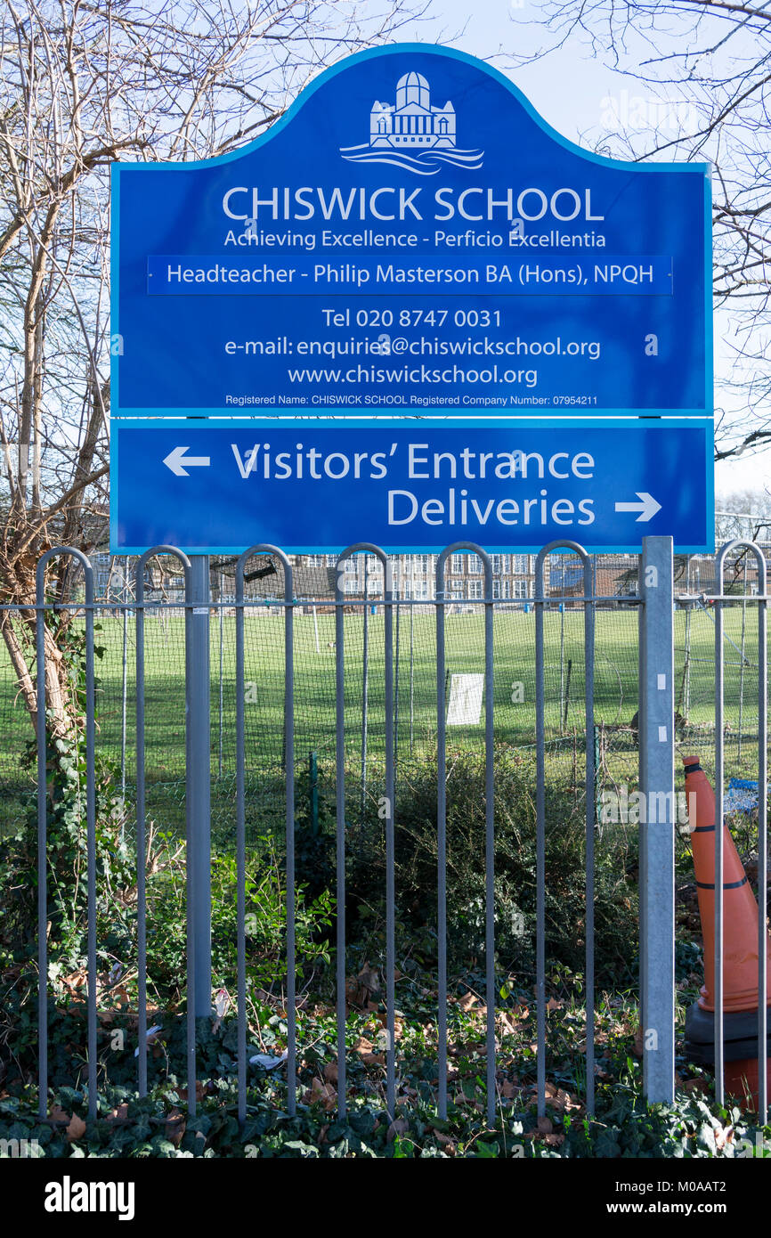 School signage outside Chiswick School, Burlington Lane, Chiswick ...