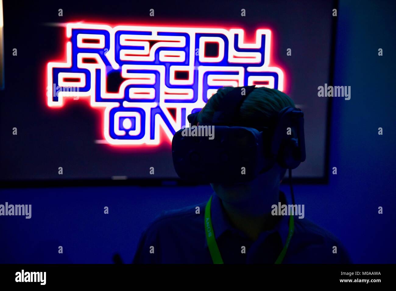 Ready Player One sign at HTC Vive Virtual Reality (VR) demo at CES 2018 ...