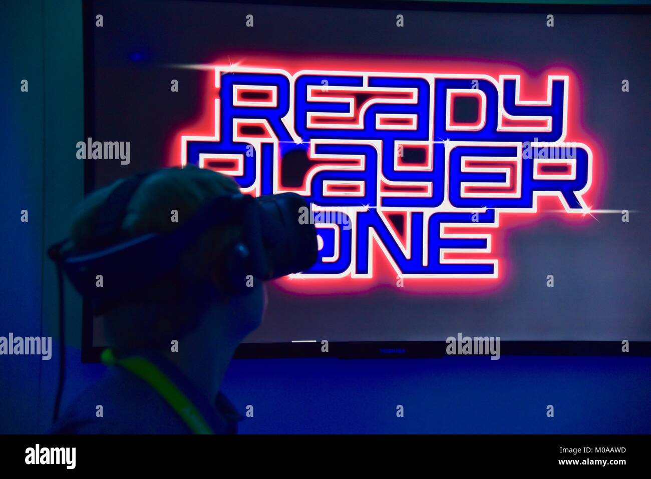 Ready Player One sign at HTC Vive Virtual Reality (VR) demo at CES 2018 ...