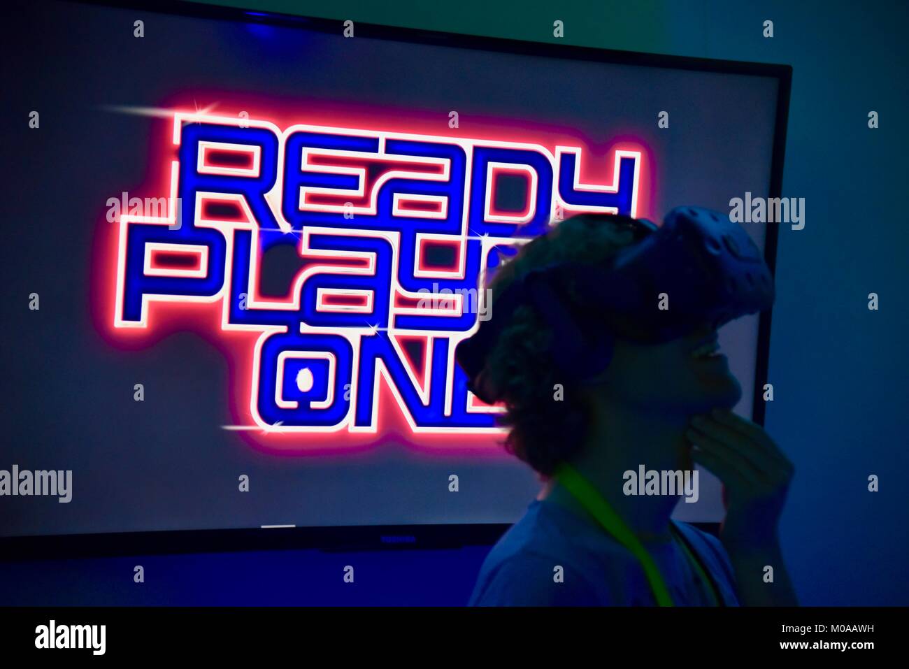 Ready Player One sign at HTC Vive Virtual Reality (VR) demo at CES 2018 ...