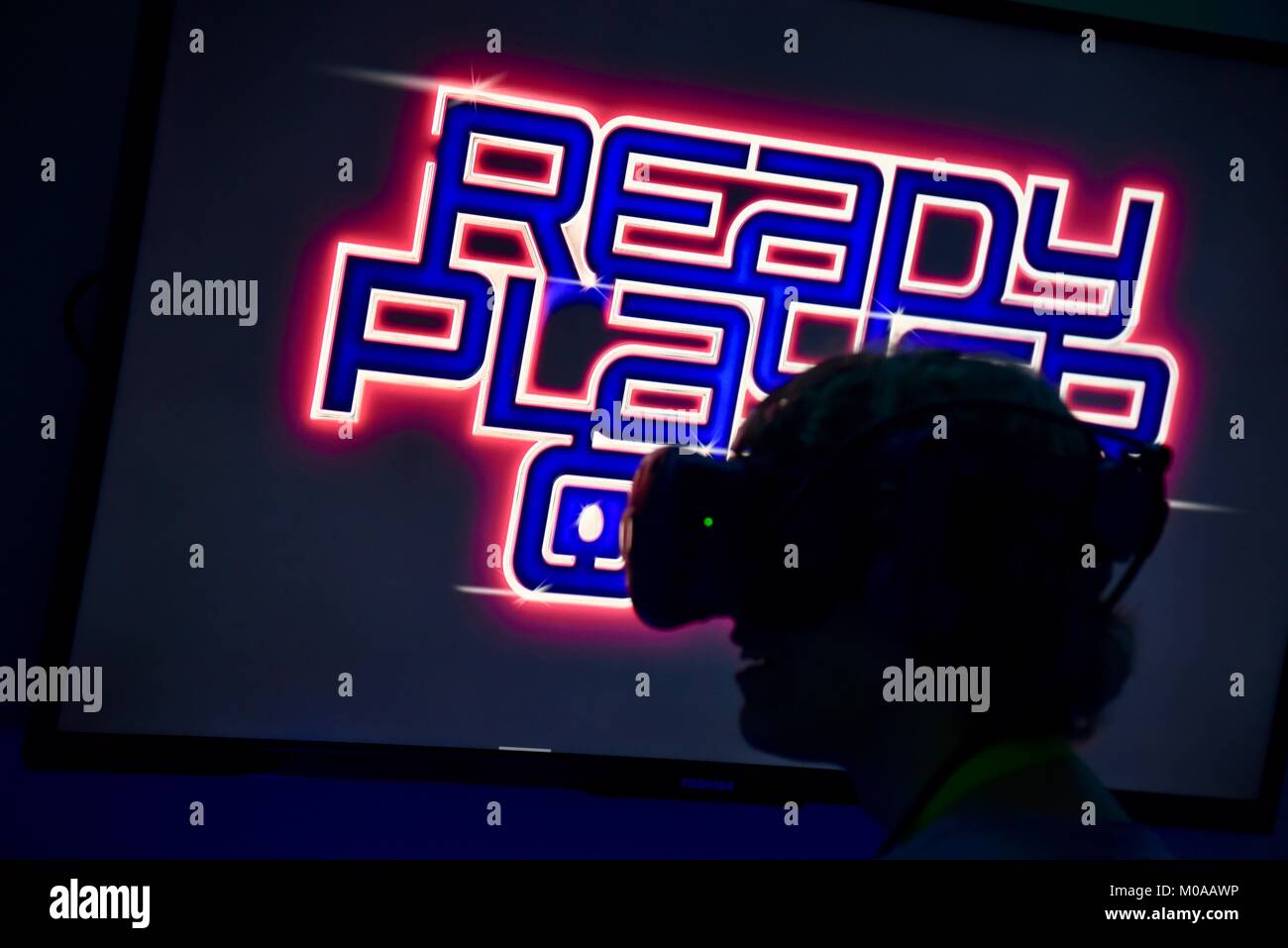 Ready Player One sign at HTC Vive Virtual Reality (VR) demo at CES 2018 ...