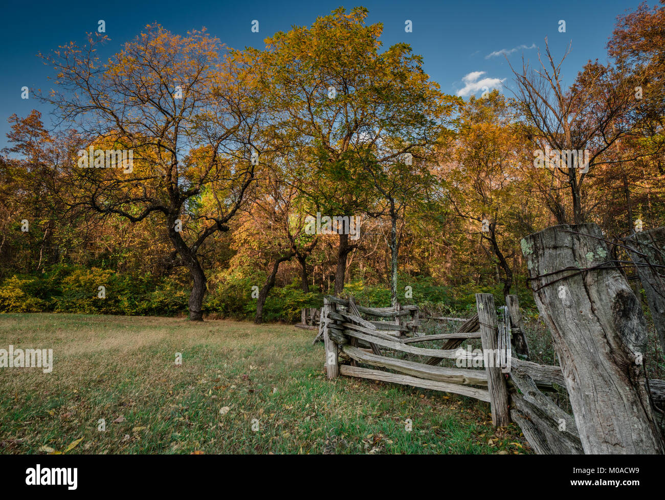 Appalachian mountain landscape with forest in fall colors and wooden ...