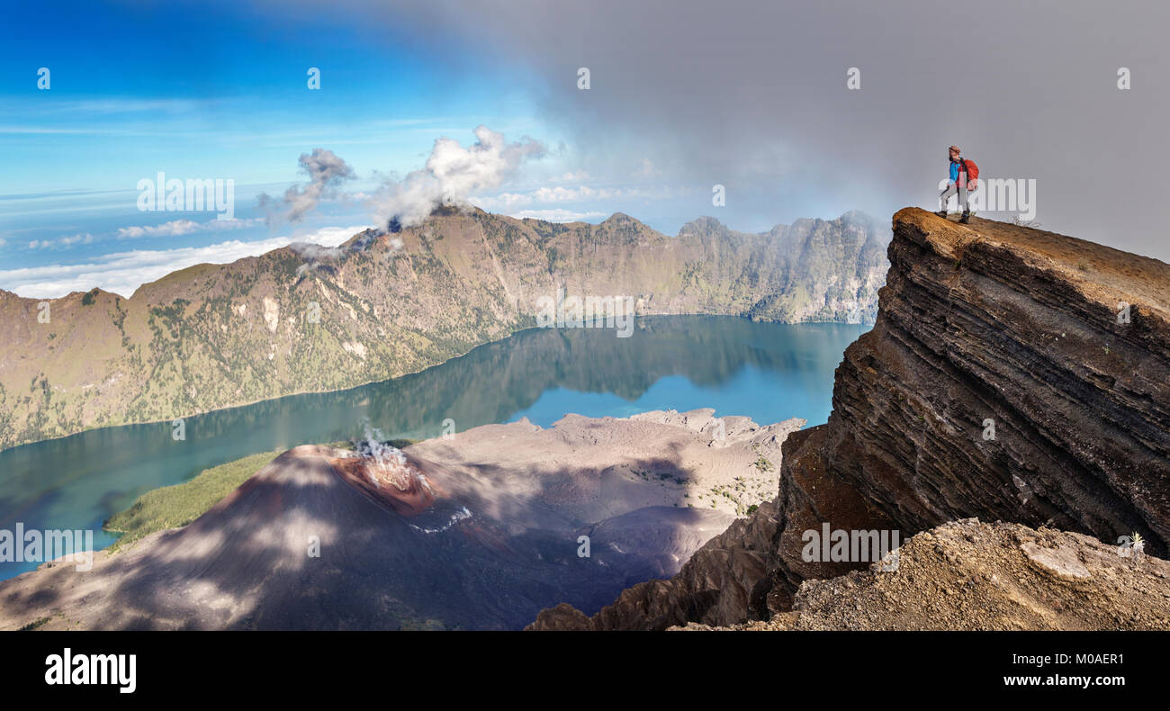 Enjoying the spectacular view of Mount Rinjani, Lombok, Indonesia Stock ...