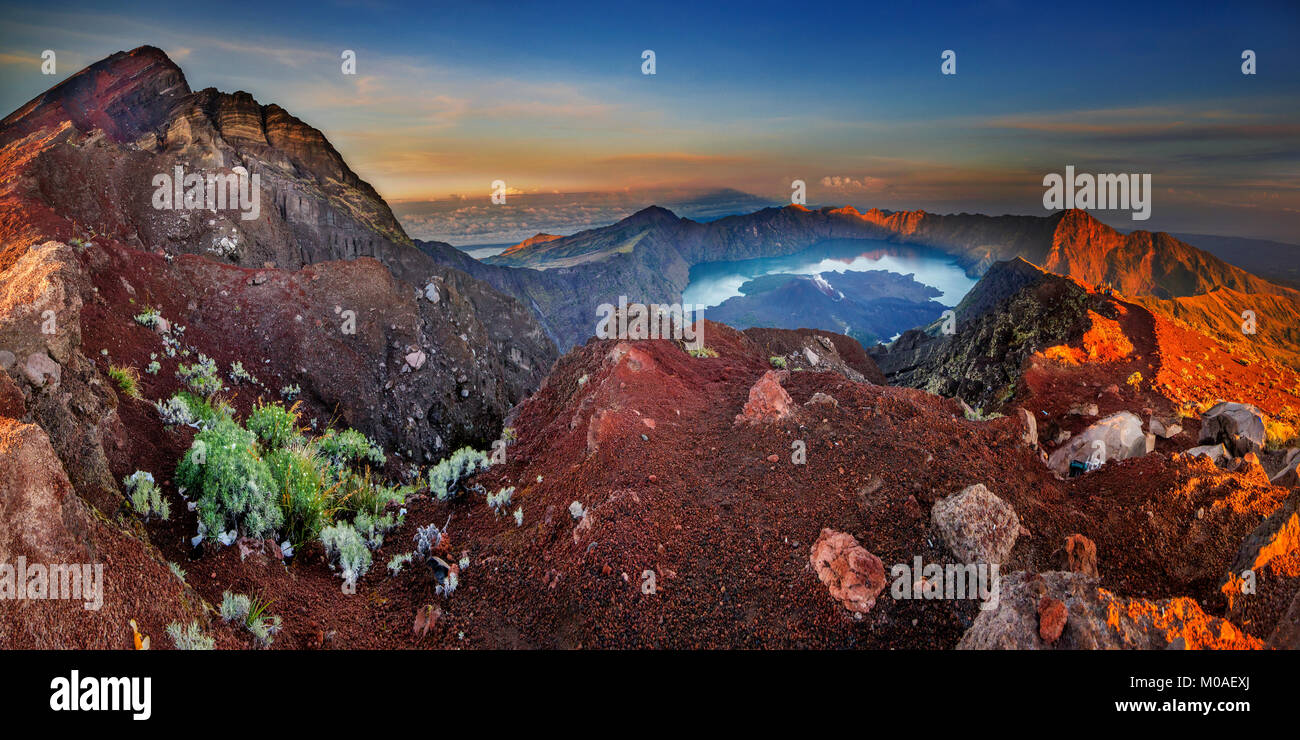 Panoramic sunrise view of Mount Rinjani, Lombok, Indonesia Stock Photo ...
