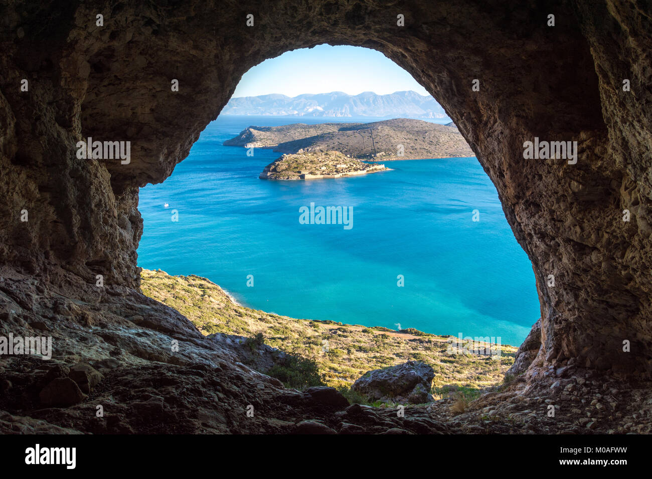Panoramic view of the gulf of Elounda with Spinalonga island. View from ...