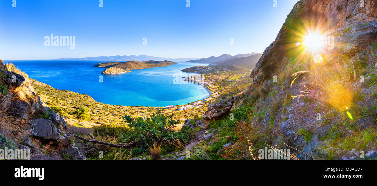 Panoramic view of the gulf of Elounda with Spinalonga island. View from ...