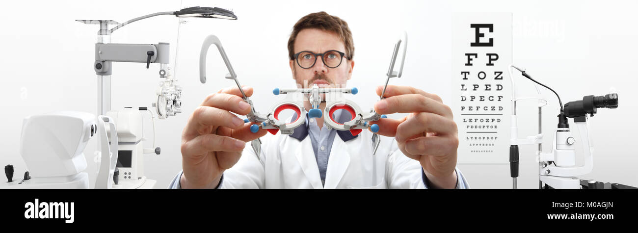 optician hands with trial frame, optometrist doctor examines eyesight ... optician hands with trial frame, optometrist doctor examines eyesight ...