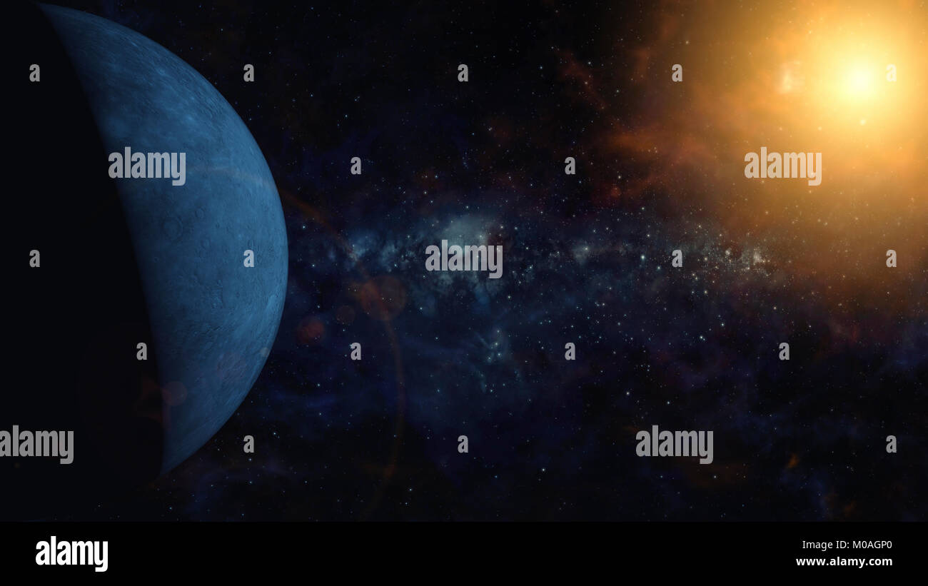 Space scene of blue rock planet with heavily cratered surface orbiting ...