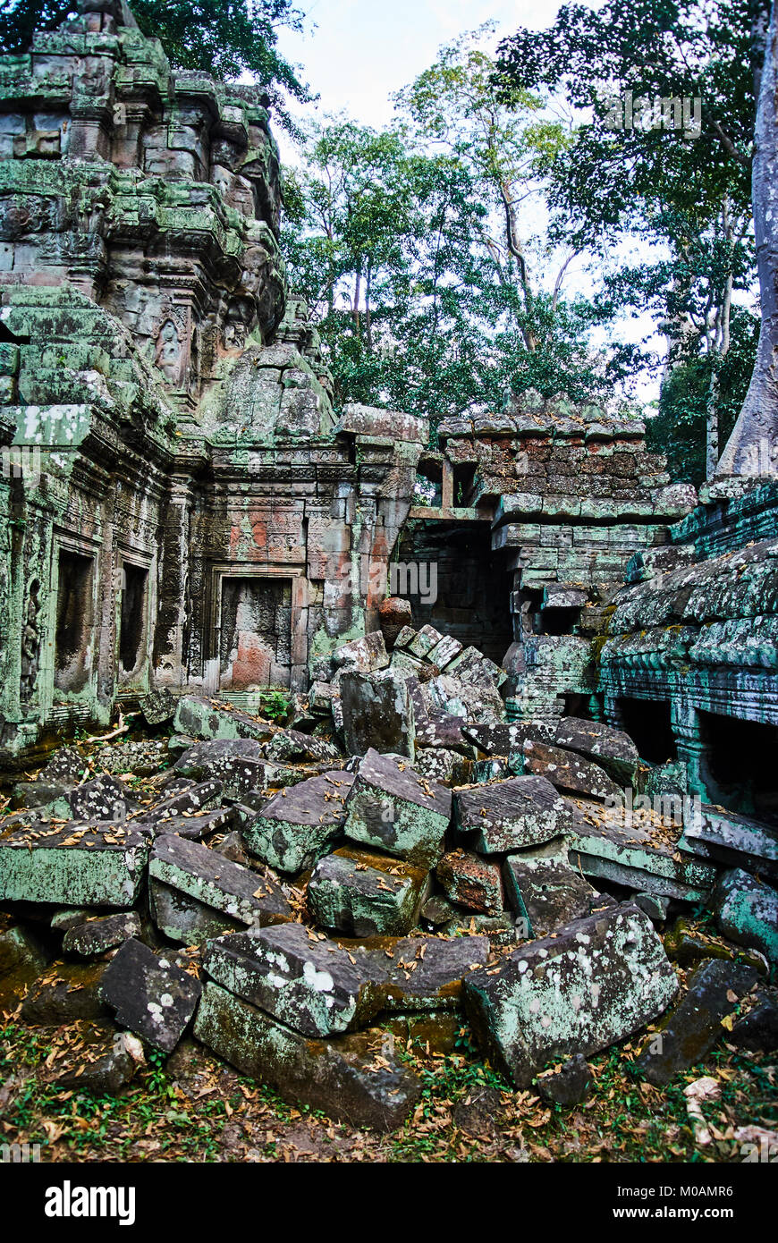 Historic building in Angkor wat Thom Cambodia with devatas carvings ...