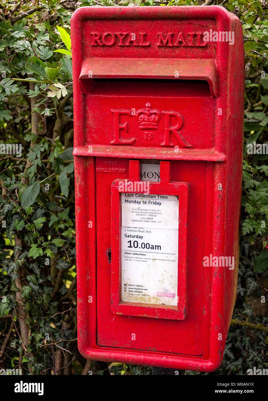 Kirkham Priory, Traditional red post box set against a hedge in an ...