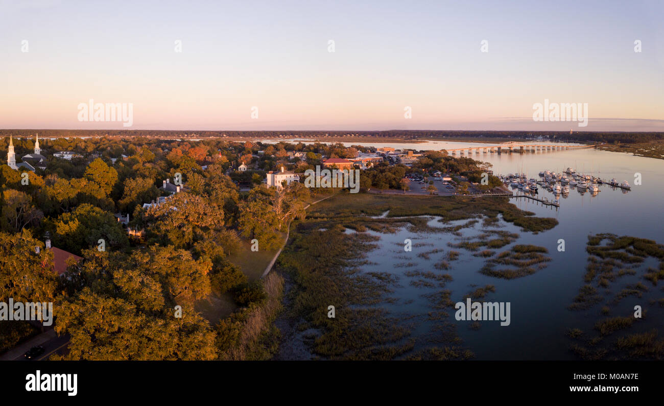 Aerial panorama of Beaufort, South Carolina taken during the golden ...