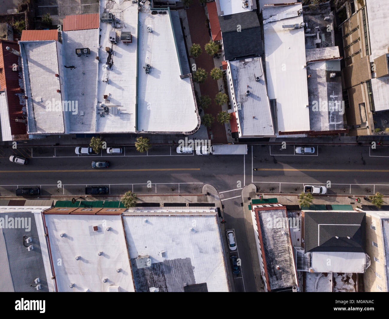 Straight down view of retail district of small town in America Stock ...