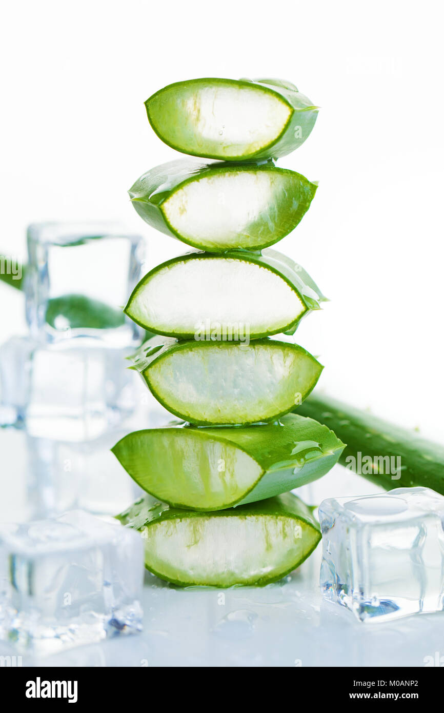 Aloe and Ice Cubes Closeup on White Background Stock Photo - Alamy