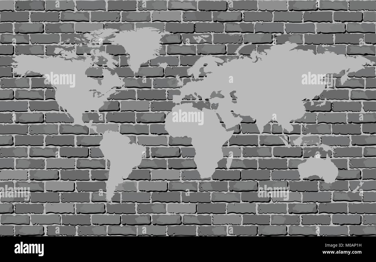 Black and white World map on a brick wall - vector image, Brick wall ...