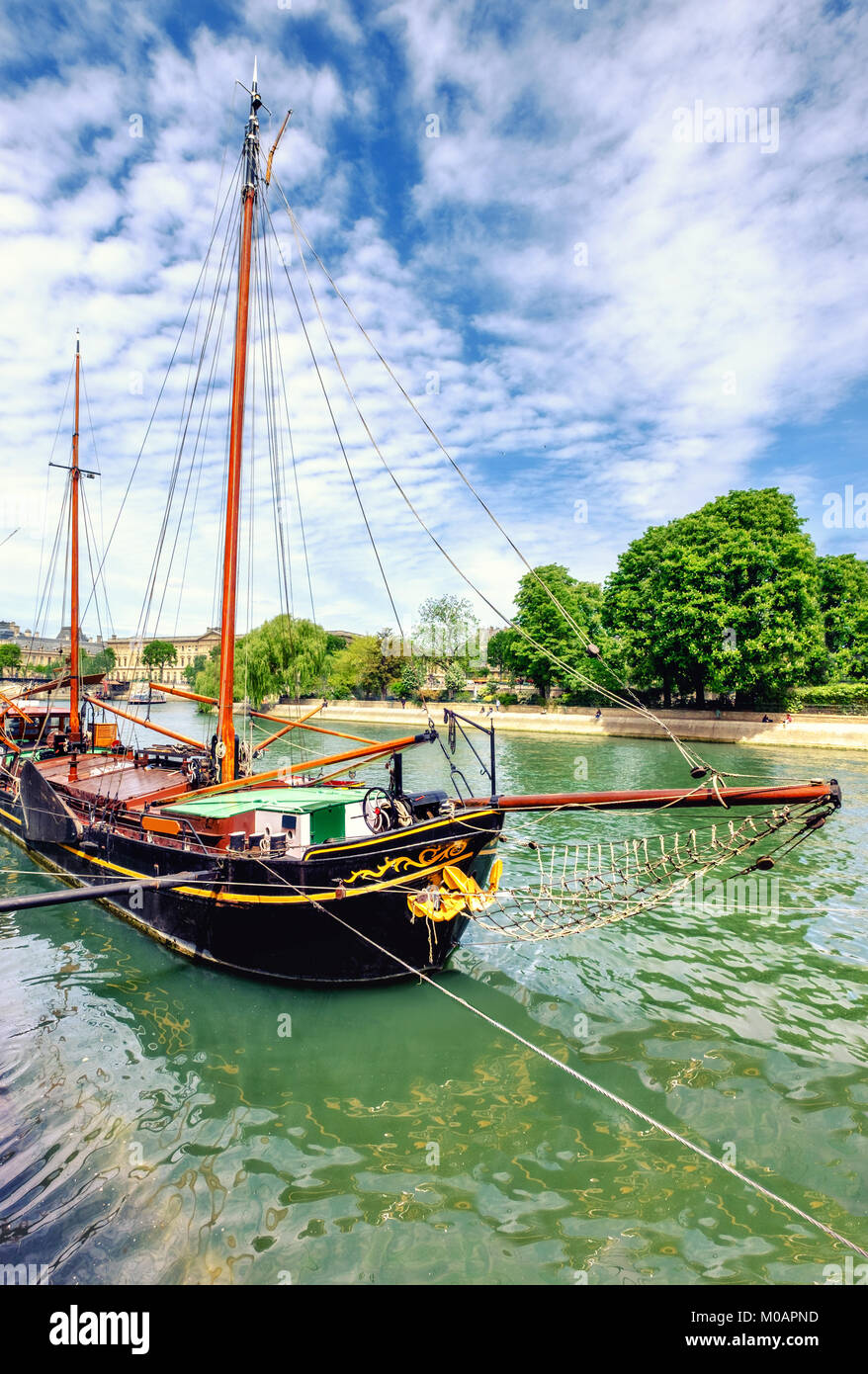 Historical Sailing ship on Seine river in Paris, France.This image is ...