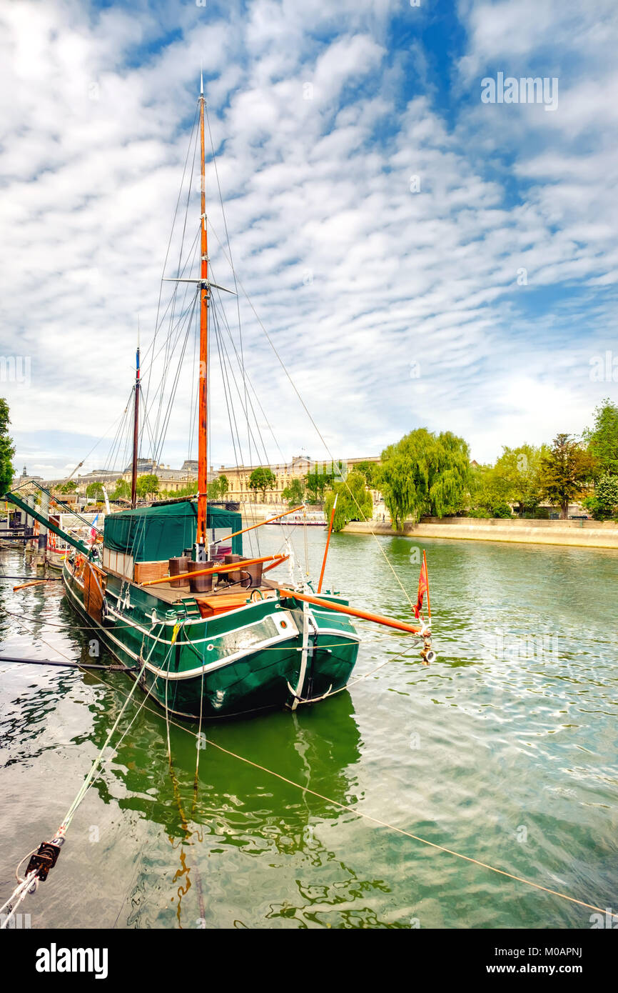 Historical Sailing ship on Seine in Paris, France.This image is toned ...