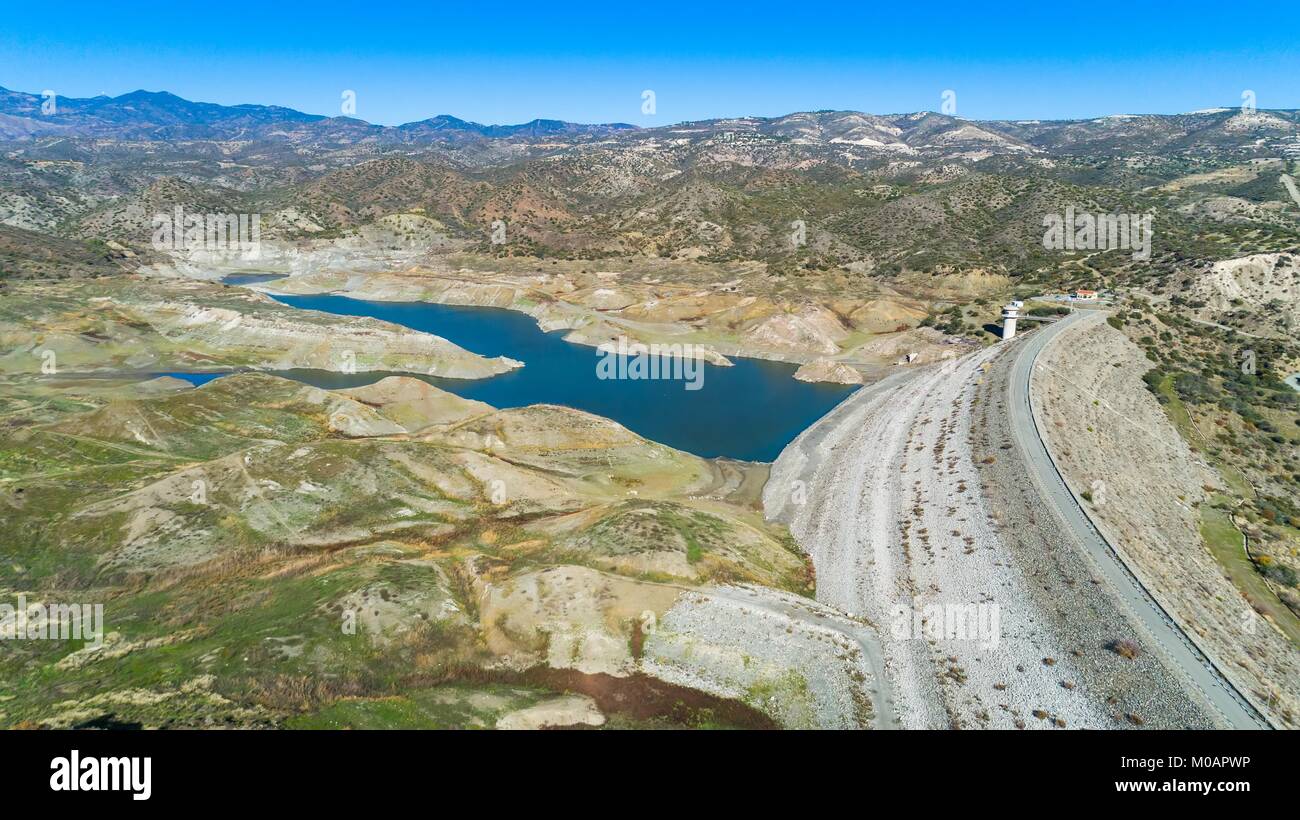 Aerial bird eye view of Kalavasos rockfill dam, Larnaca, Cyprus. The ...