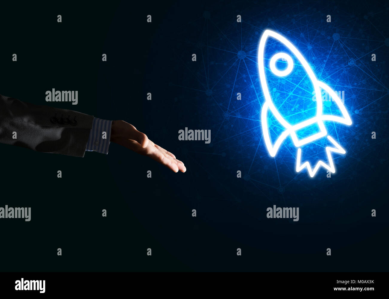 Man palm presenting Rocket web icon as technology concept Stock Photo ...