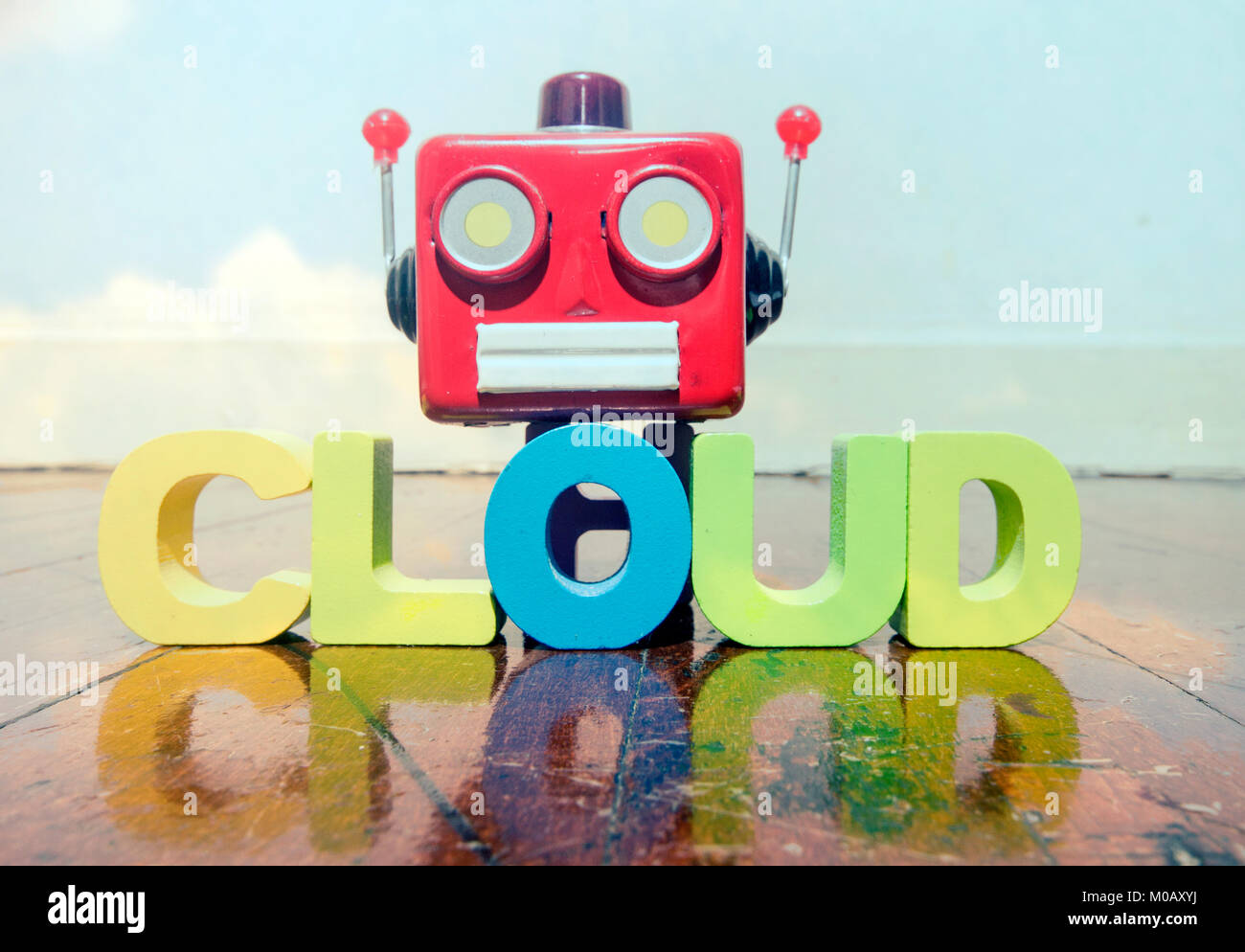 red retro robot head on the word CLOUD on old wooden flor Stock Photo ...