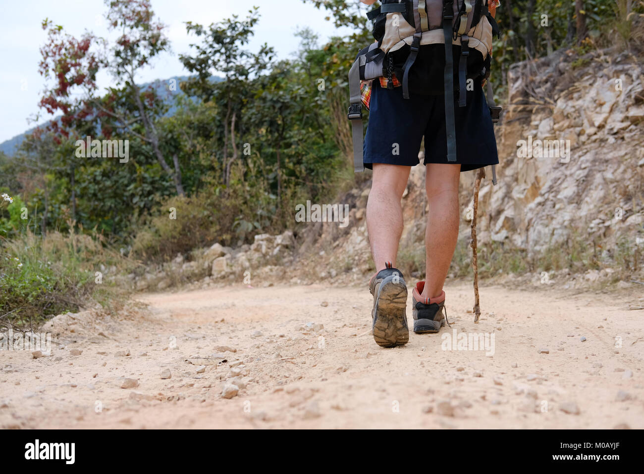 traveler hiker man with backpack hiking on mountain. leg of tourist ...