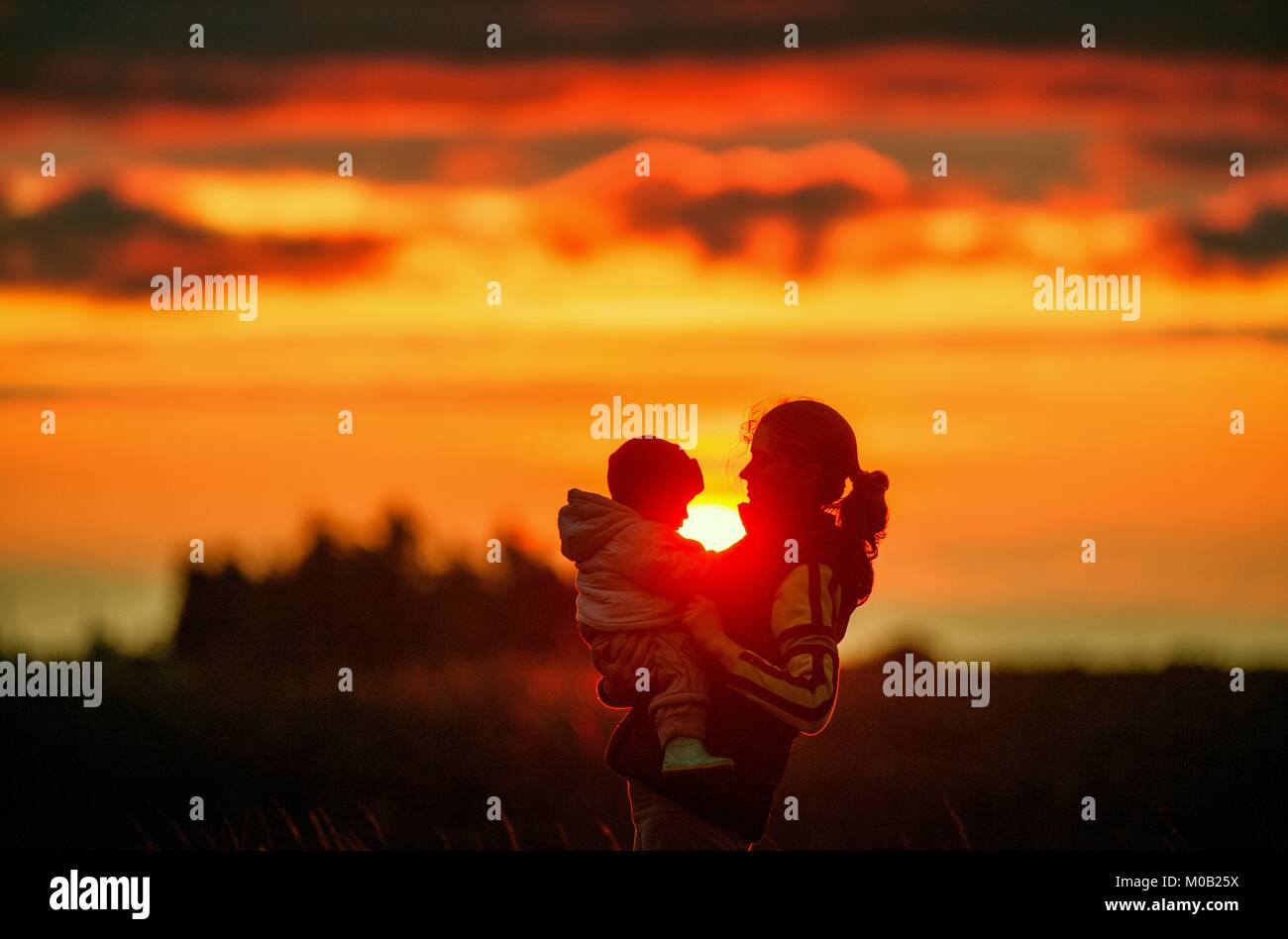 Portrait of happy mother with baby on sunset background, Summer sunset ...