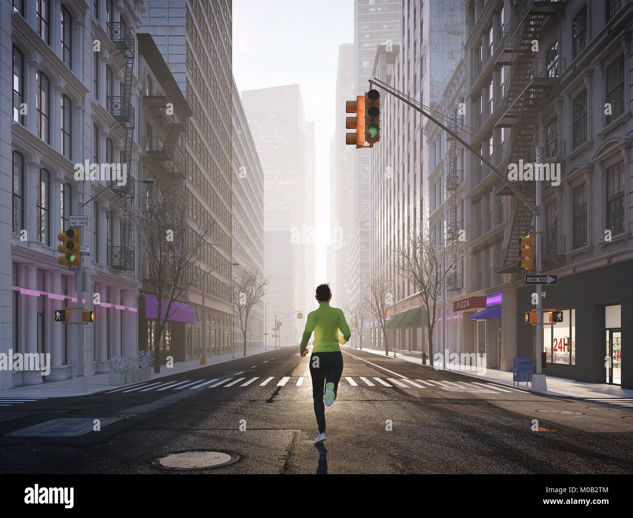 young woman jogging alone in the streets of city. 3d rendering Stock ...