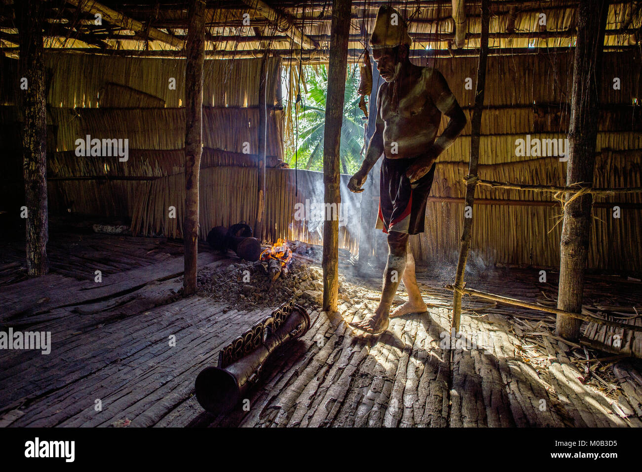 Portrait of a man from the tribe of Asmat people with a drum in the men ...