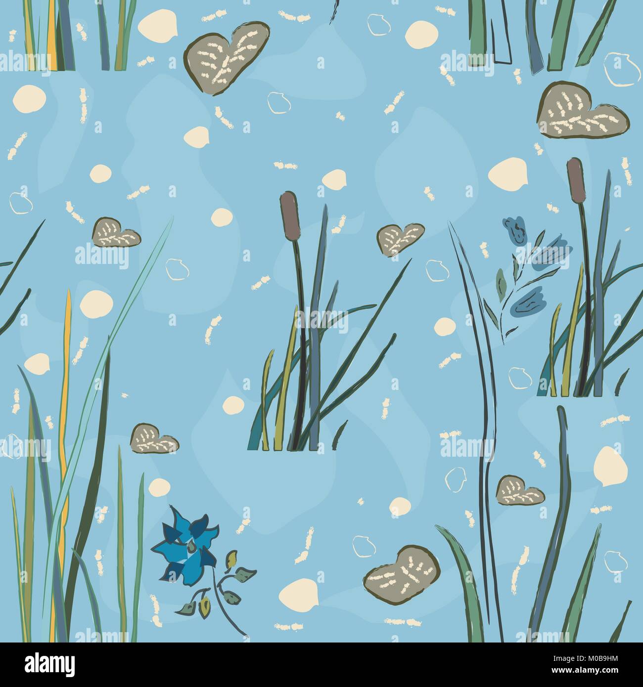 Seamless repeating pattern with lake reed. Hand drawn design. Vector ...