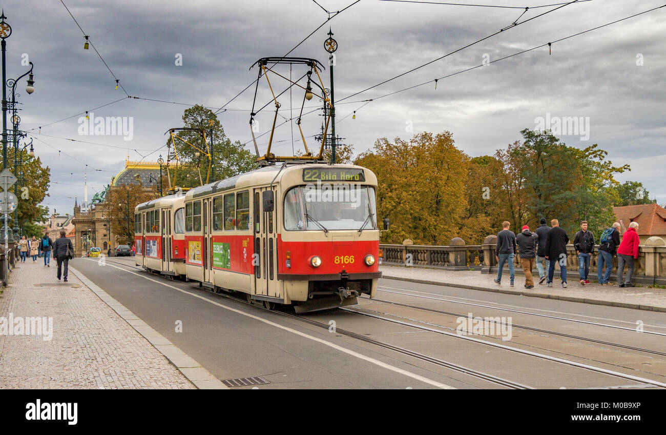 Tatra T3 tram crossing the Legion Bridge in Prague , Czech Republic ...