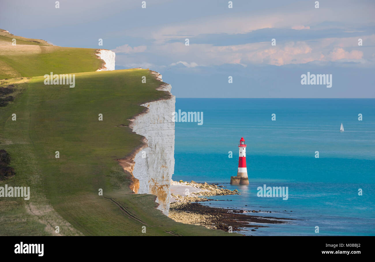 Beachy Head lighthouse below the famous white cliffs of Beachy Head on ...