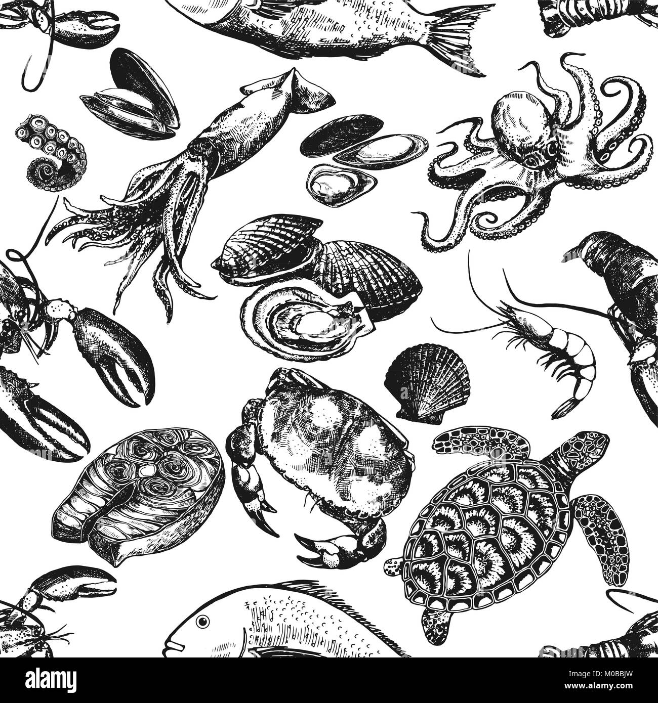 Seamless pattern of hand drawn sketch style seafood. Vector ...