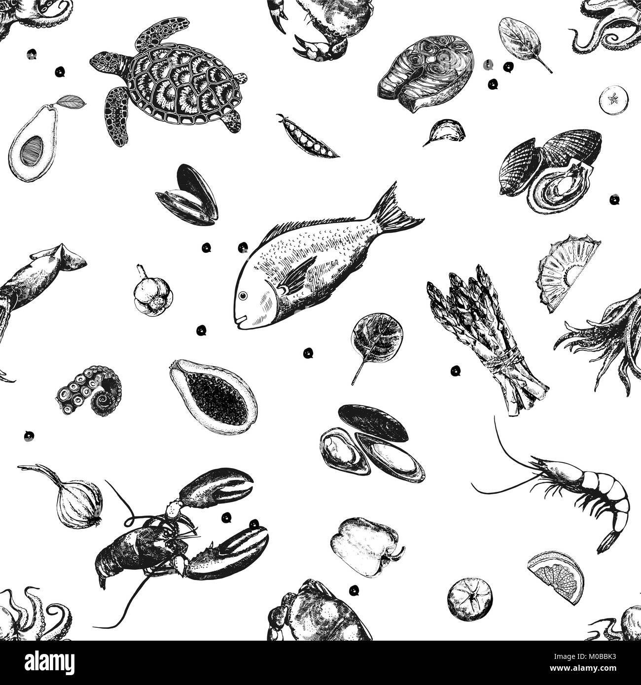 Seamless pattern of hand drawn sketch style seafood. Vector ...