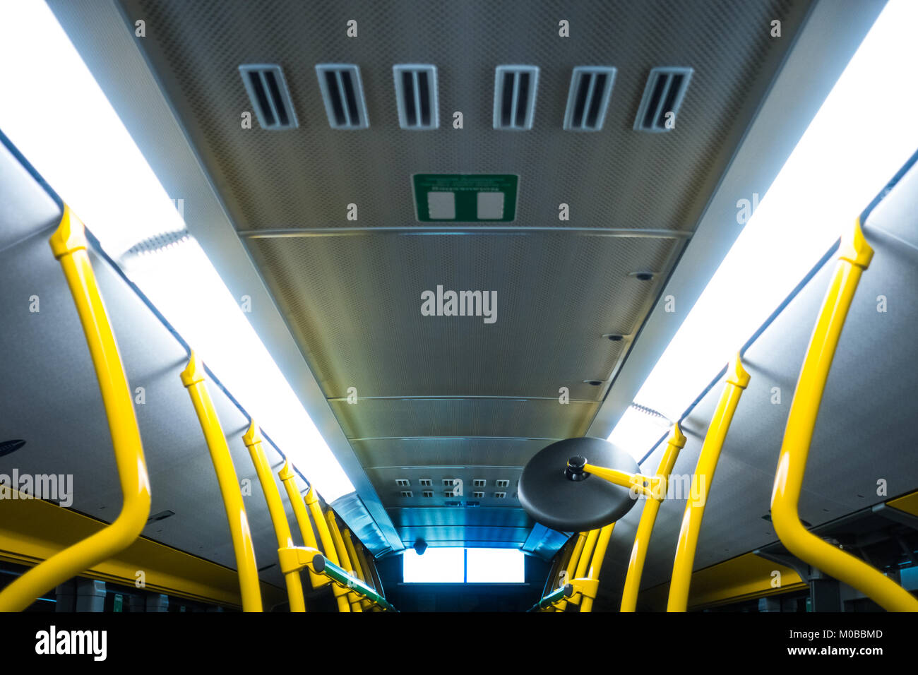 Public Transportation Bus Interior Yellow Poles White Fluorescent Stock ...