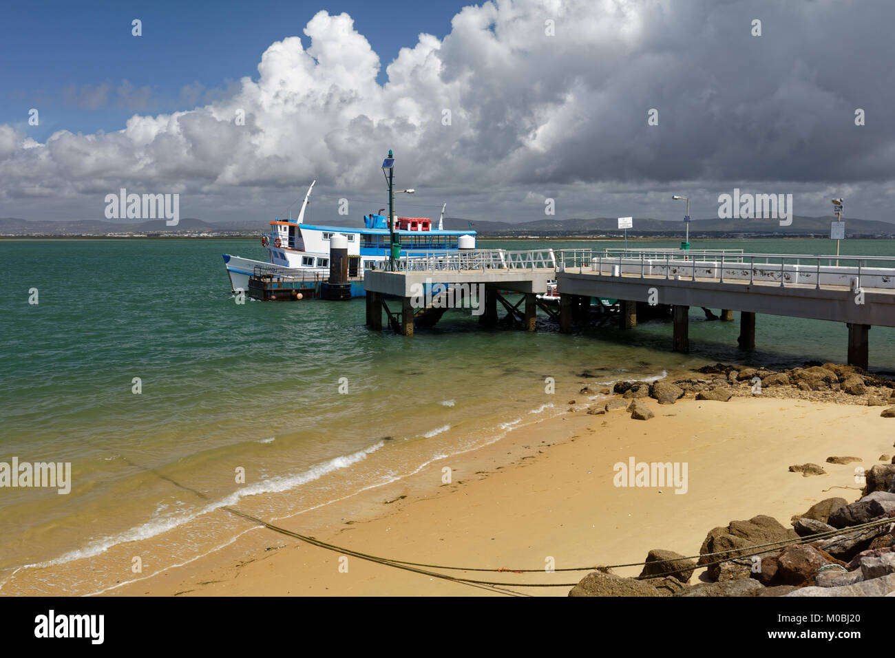 Culatra island, Algarve, Portugal - May 12, 2017: Ferry boat arrived to ...