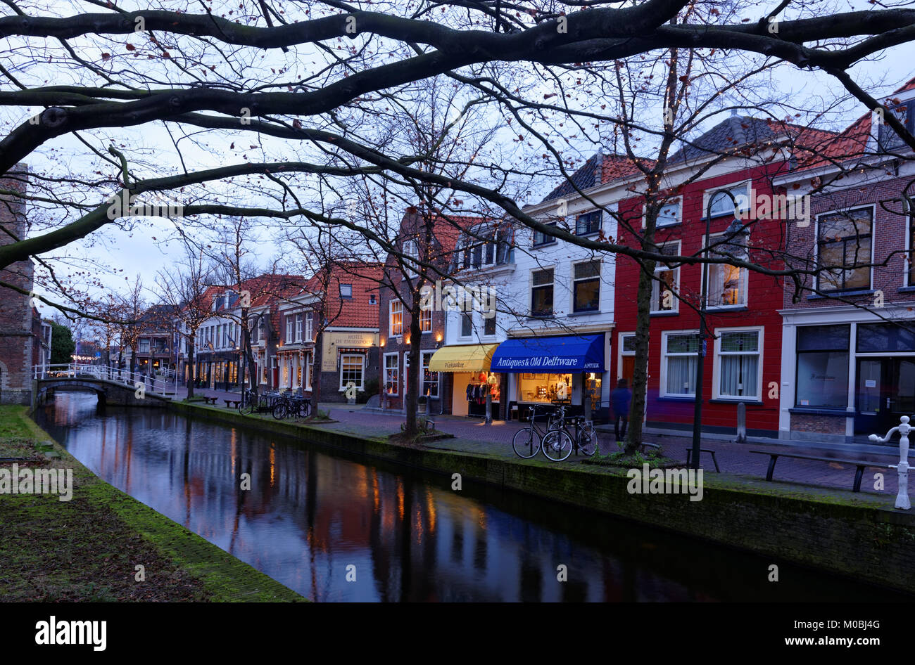 Delft, Netherlands - January 3, 2017: One of canals at Nieuwe Kerk ...