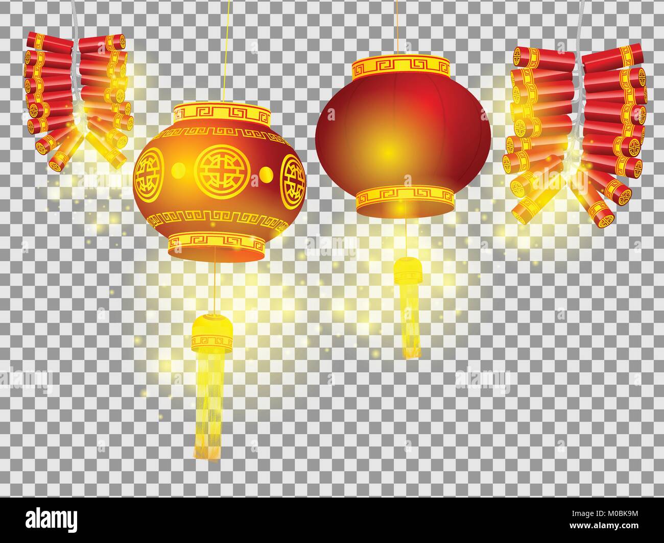 illustration of chinese lanterns and firecrackers on transparent ...
