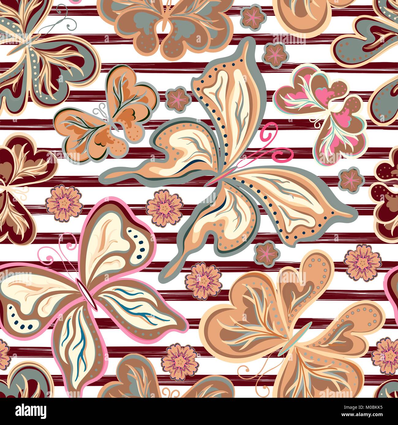 Abstract hand drawn stripped pattern with butterflies. Wrapping print ...