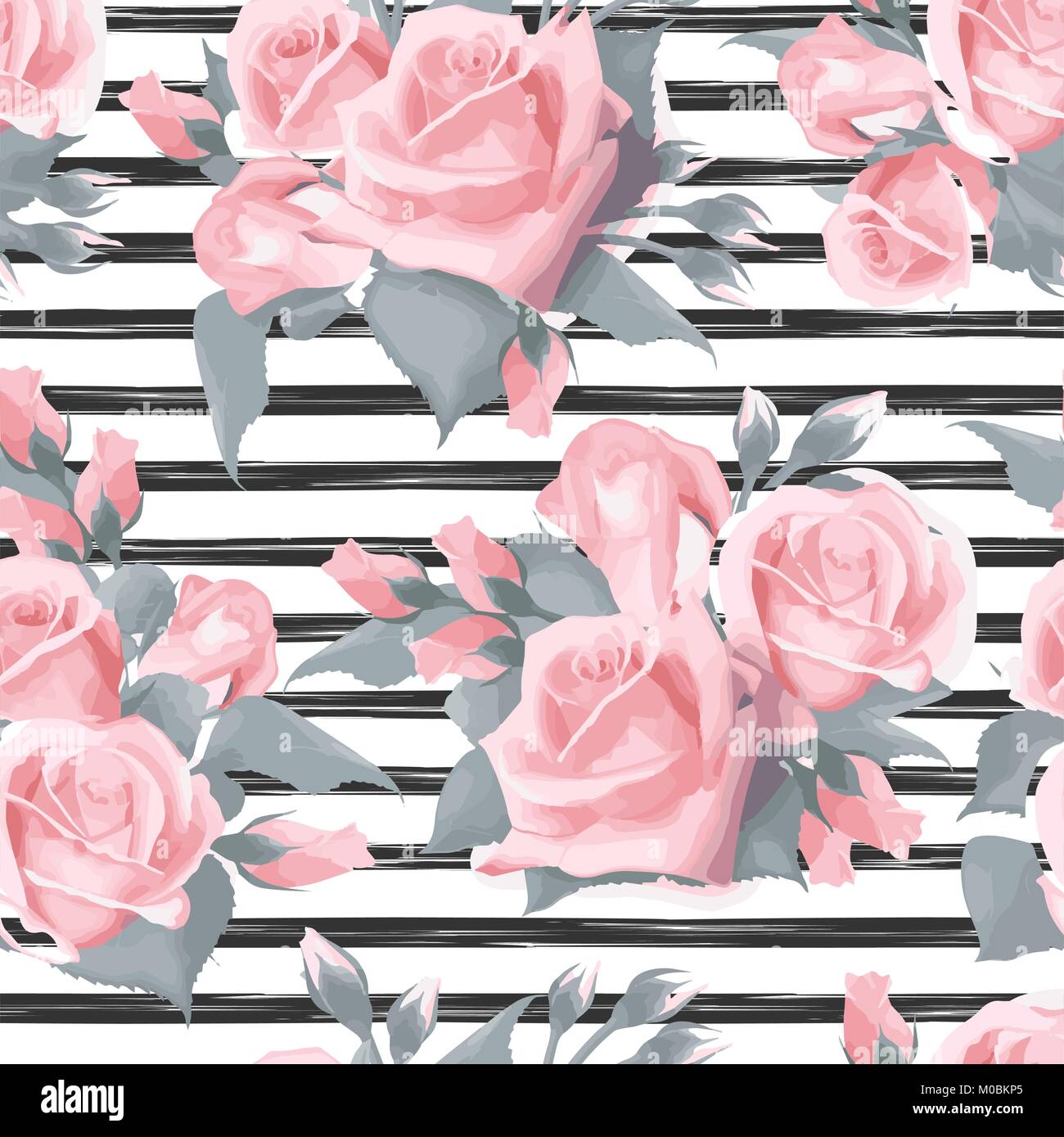 Navy striped print with bouquets of rose flowers Seamless vector ...