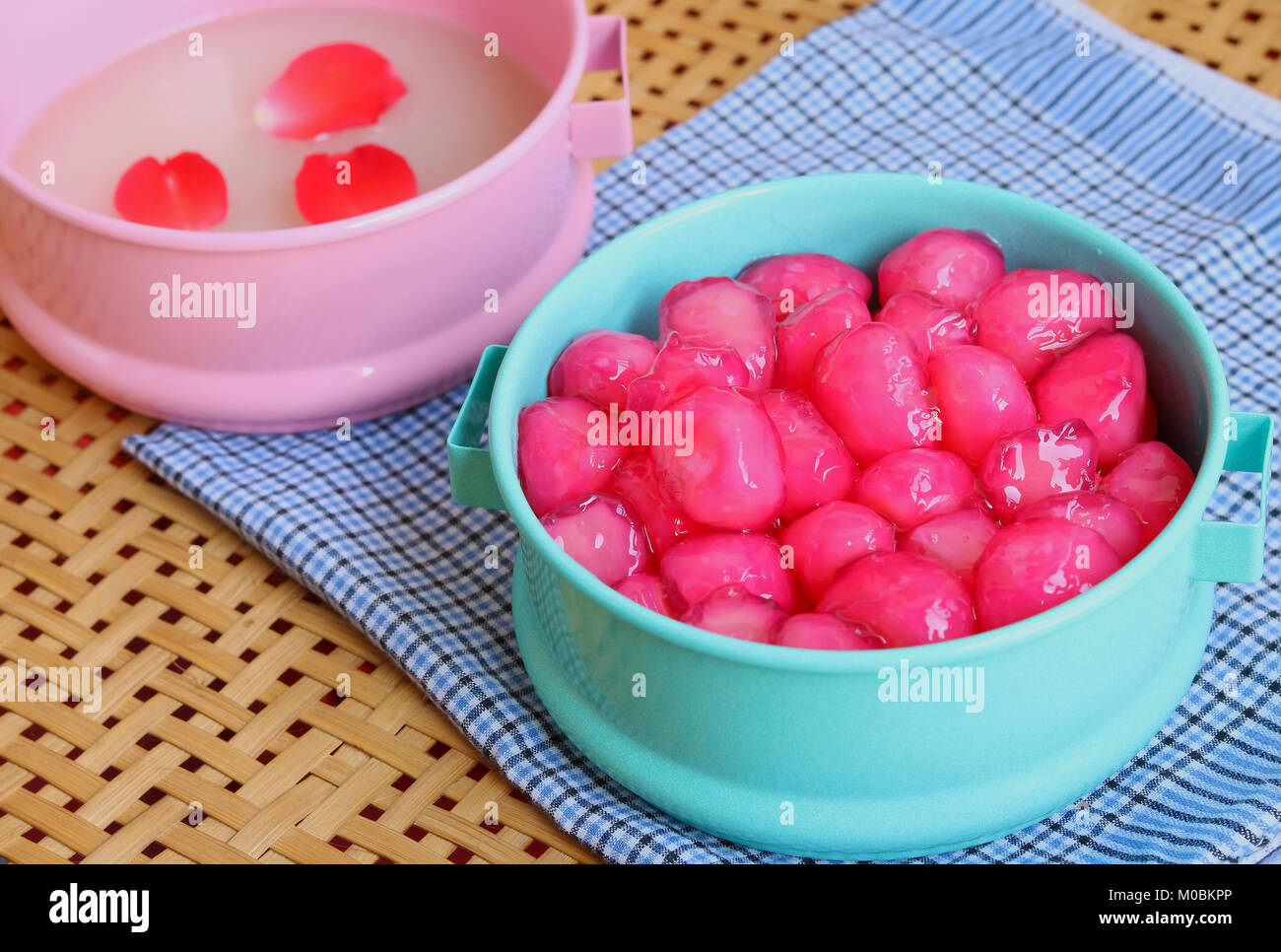 Thai style dessert; Tub Tim Krob (Stuffed Water Chestnut in Syrup and ...