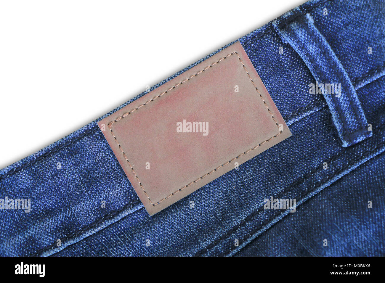 Close up denim jeans leather tags with blank space use for texts ...