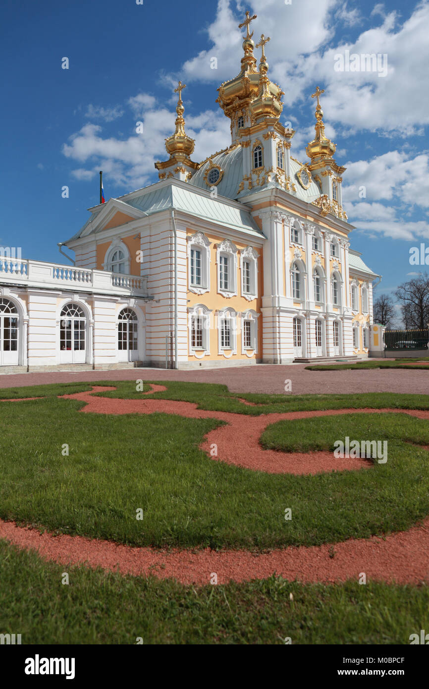 Peterhof, St. Petersburg, Russia - May 9, 2012: East Chapel flanking ...