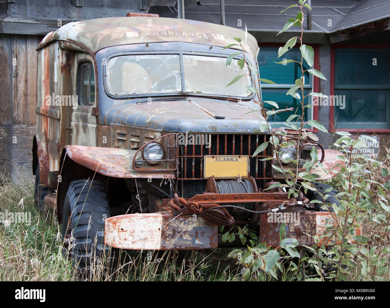 The old rusty ambulance car abandoned in Skagway town (Alaska Stock ...