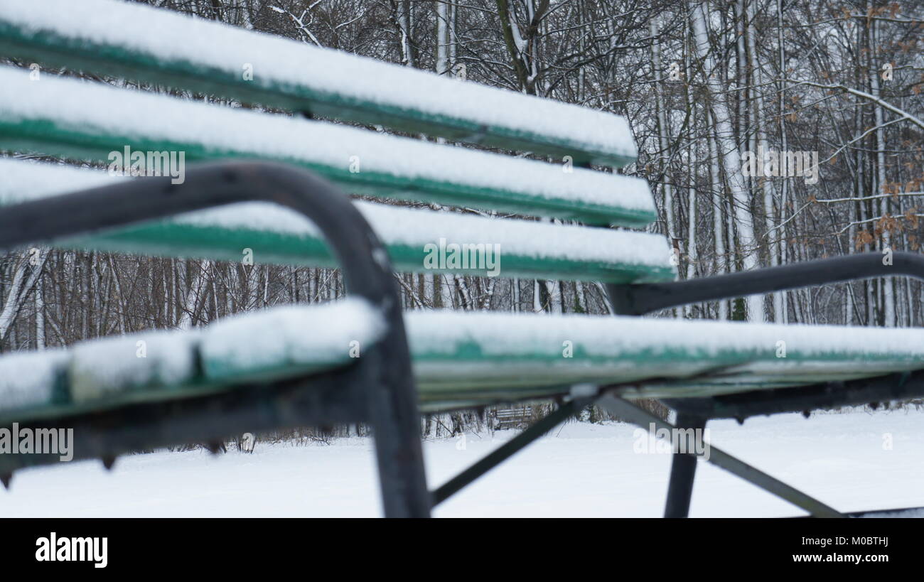 Snow on the bench in winter in park. Tree back ground Stock Photo - Alamy