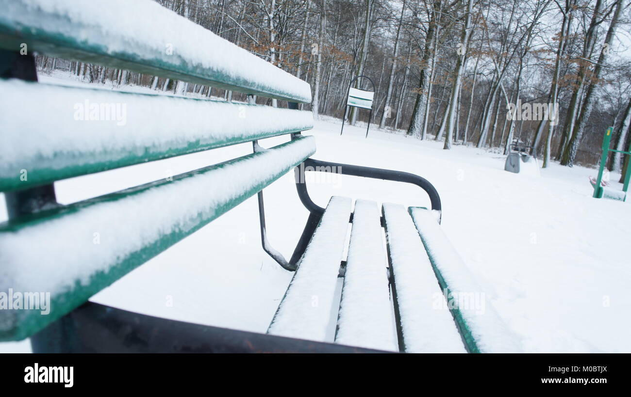 Snow on the bench in winter in park. Tree back ground Stock Photo - Alamy