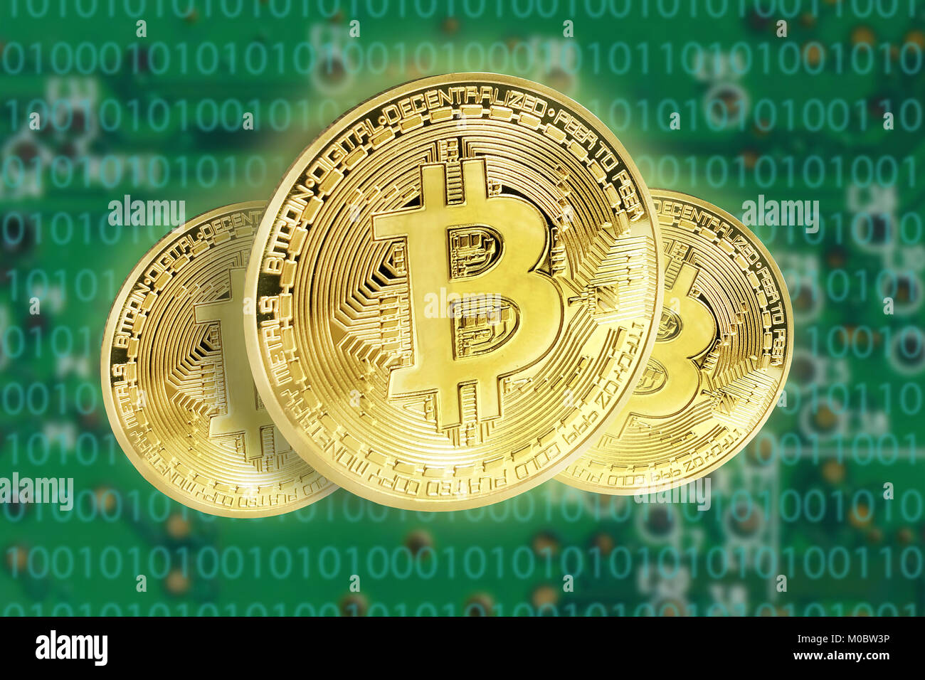 Bitcoins concept with electrical circuit in the back Stock Photo - Alamy