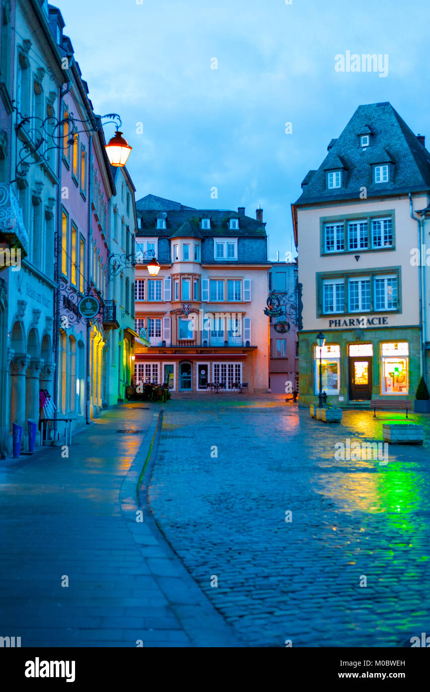 Historical streets of Echternach with night lights, Luxembourg Stock ...