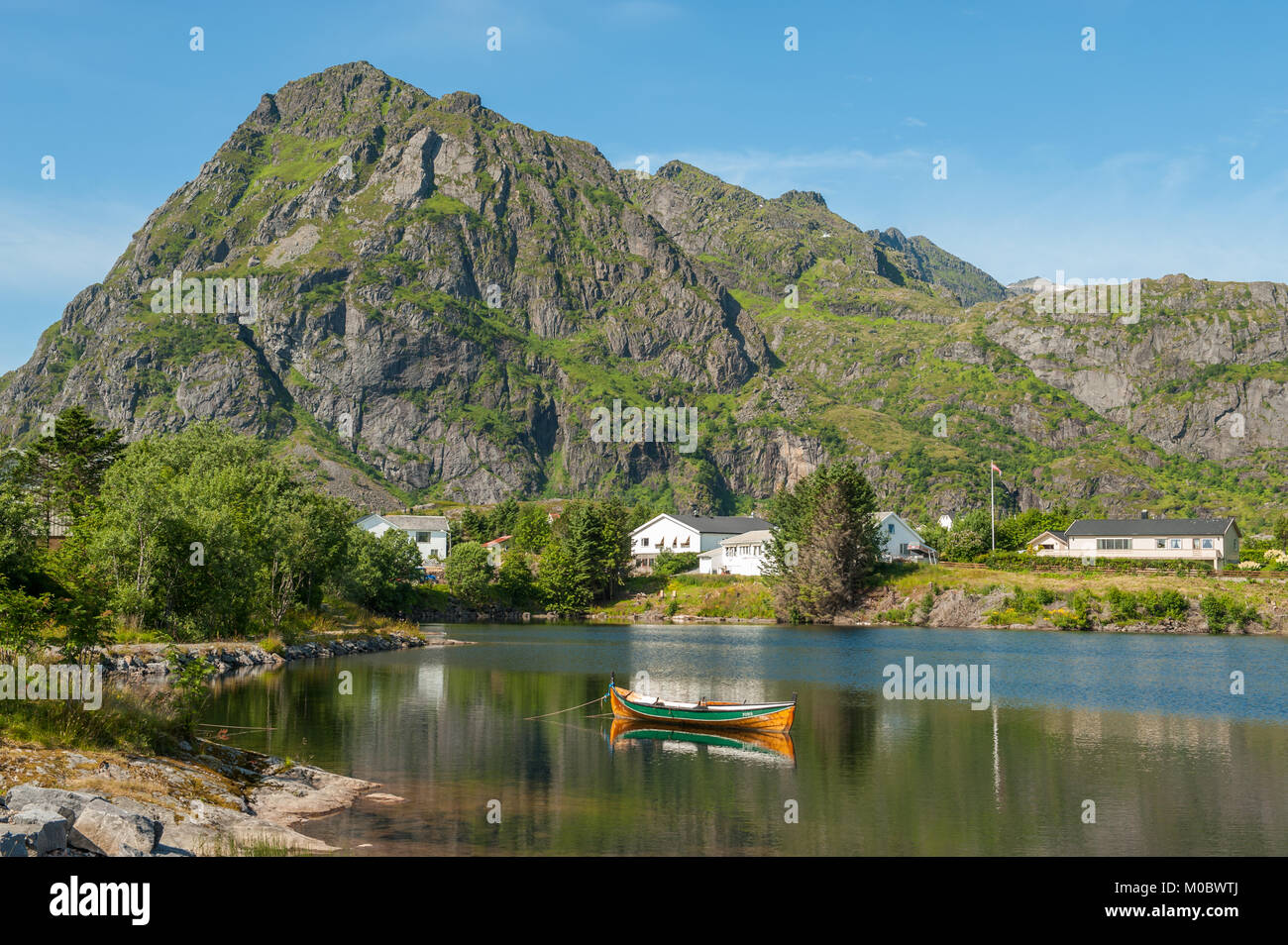 Summer landscape at Sorvagen on Lofoten islands in northern Norway ...