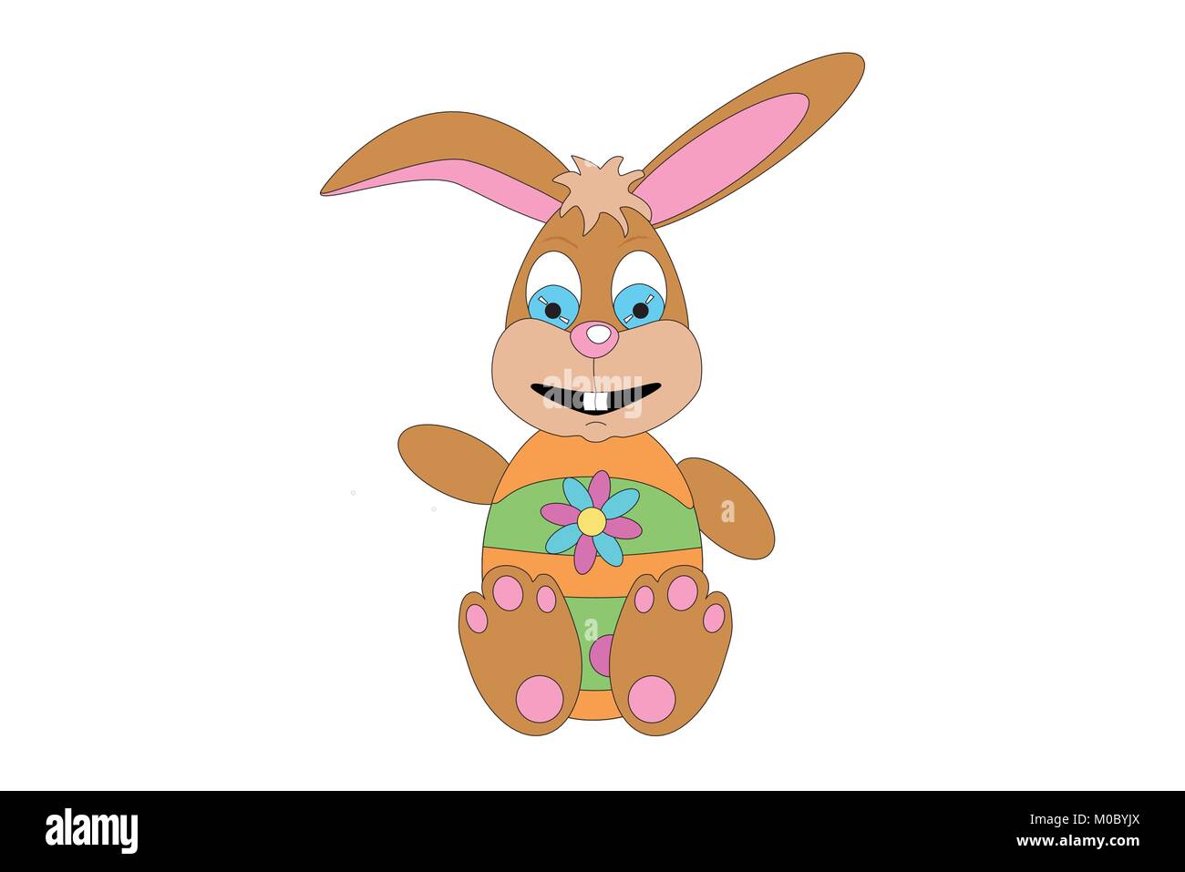 Illustration of sitting easter bunny boy with striped colourful egg ...